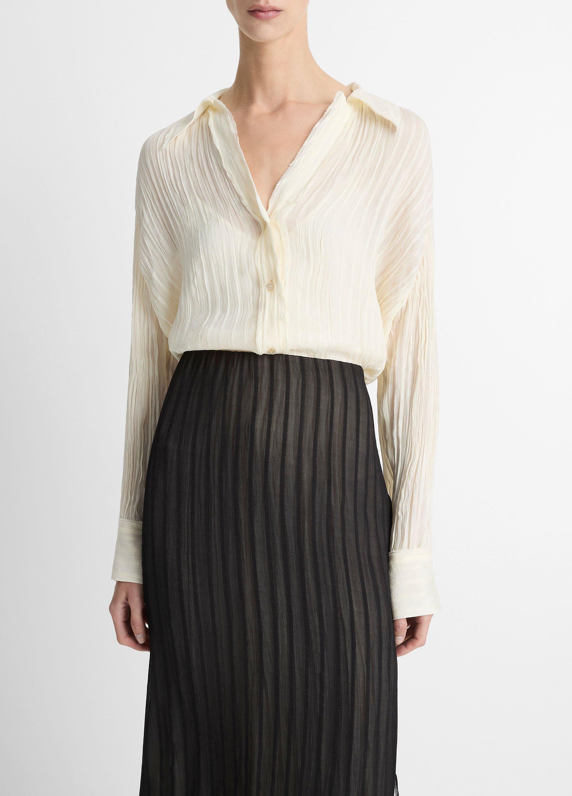 VINCE Vince Crushed Stripe Button-Front Shirt with Ruffled Trim